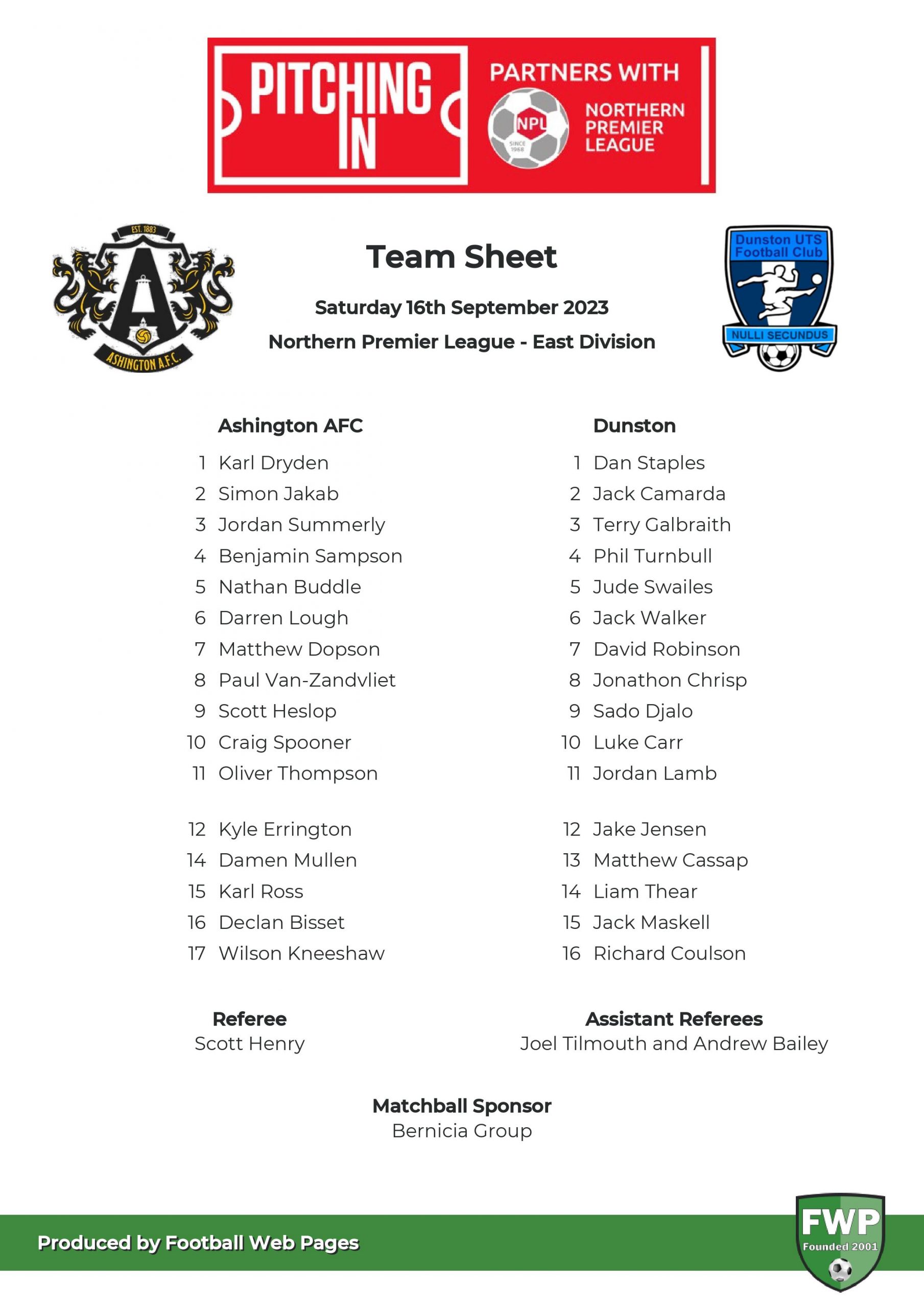 LATEST TEAMSHEET – Ashington AFC